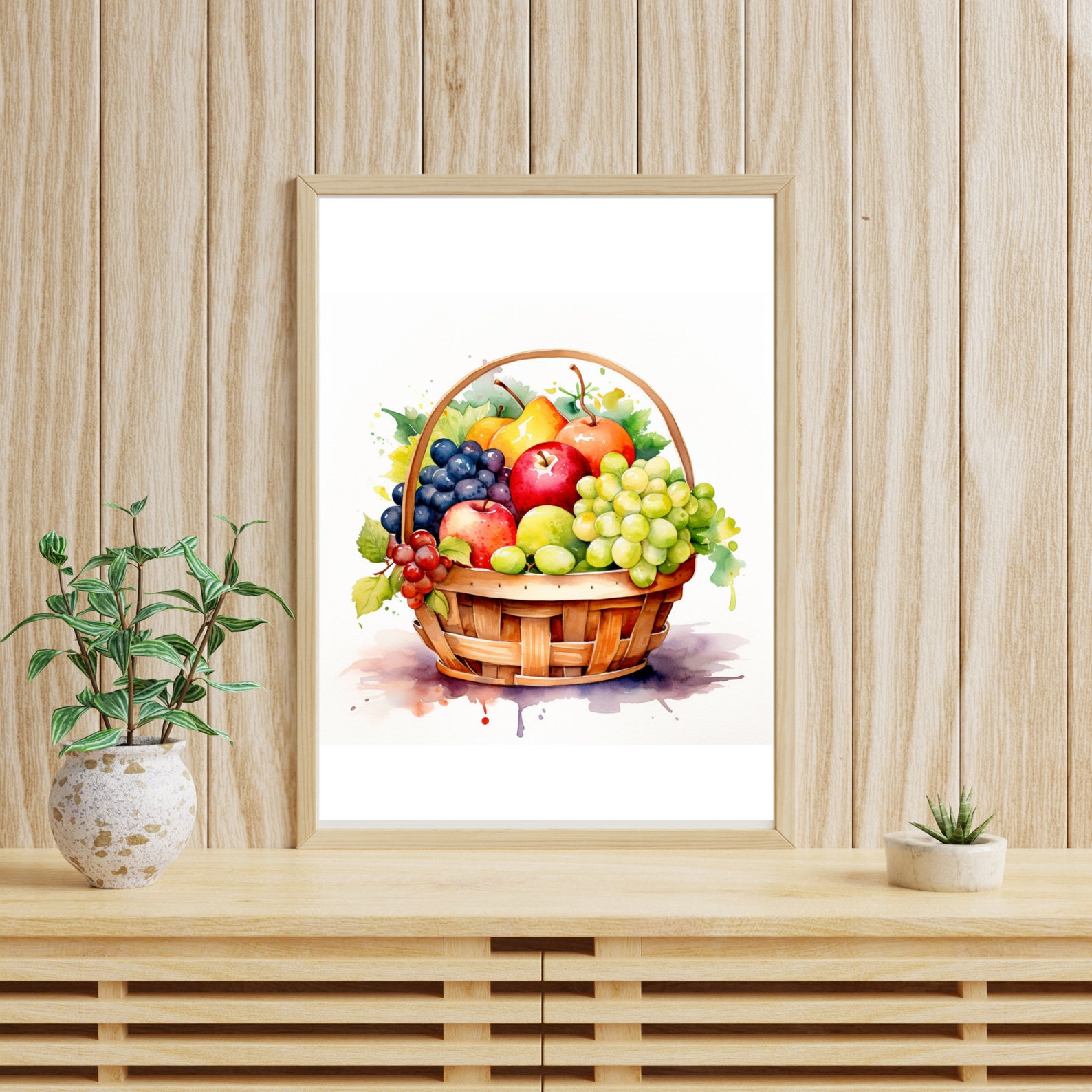 Fruits in Basket Watercolor Painting, Kitchen Wall Decor, Printable ...