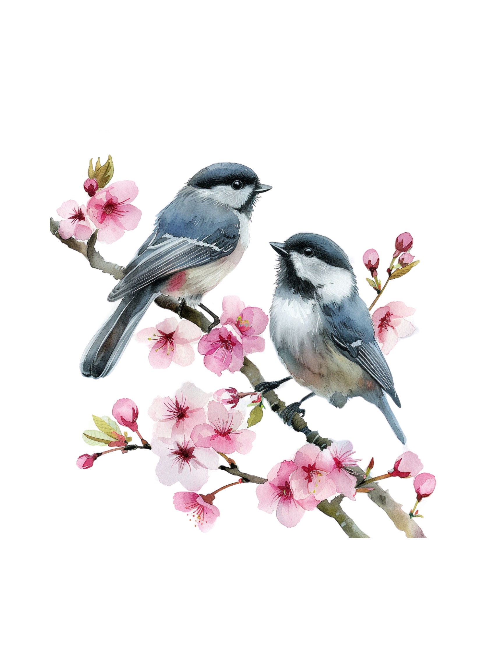 Chickadee Birds Clipart, Chickadee With Cherry Blossoms, Watercolor ...
