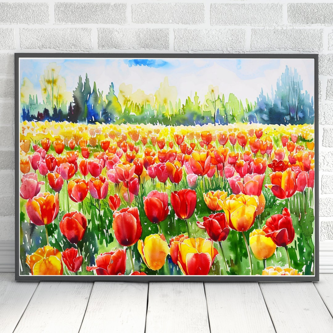 Tulips Watercolor Painting Printable Wall Art, Tulips Field Landscape ...