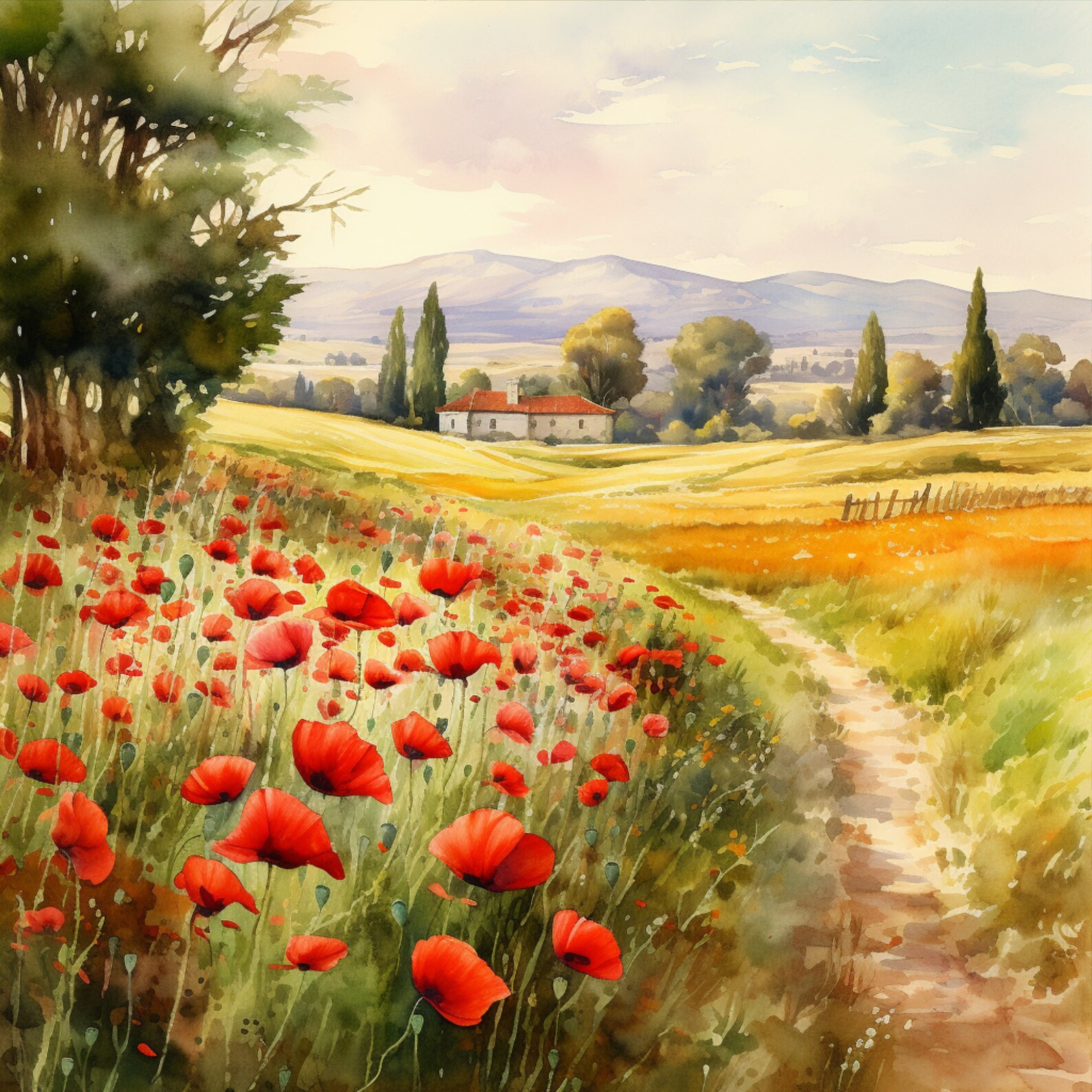 4 Set of Poppies Field Watercolor Landscape Painting, Printable Wall ...