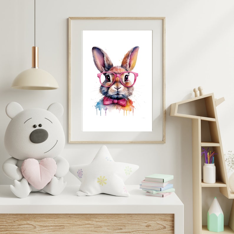 Rabbit With Pink Glasses Watercolor Painting PRINTABLE Wall Art Nursery ...