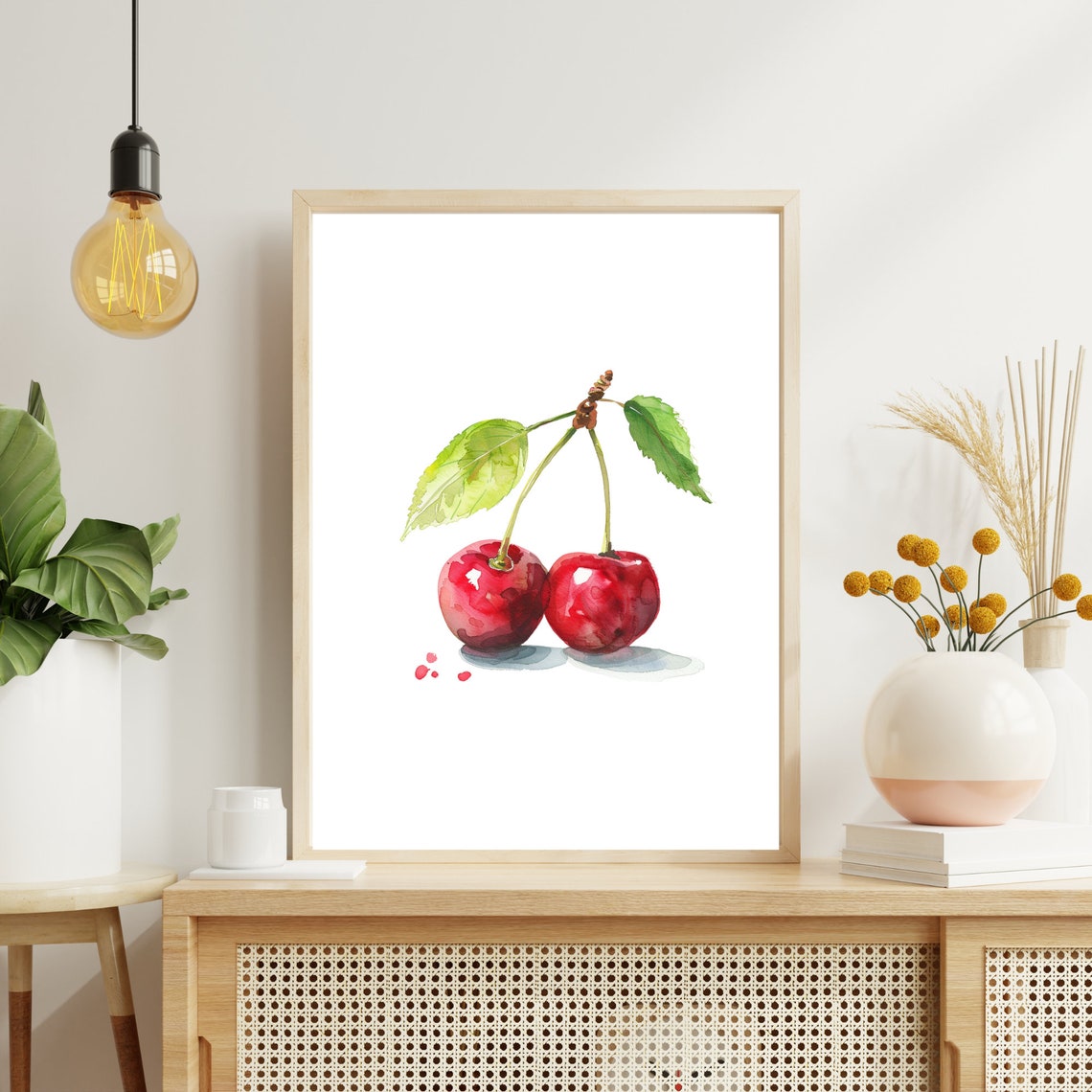 Cherries Watercolor Painting Printable Wall Art, Summer Fruits, Kitchen ...