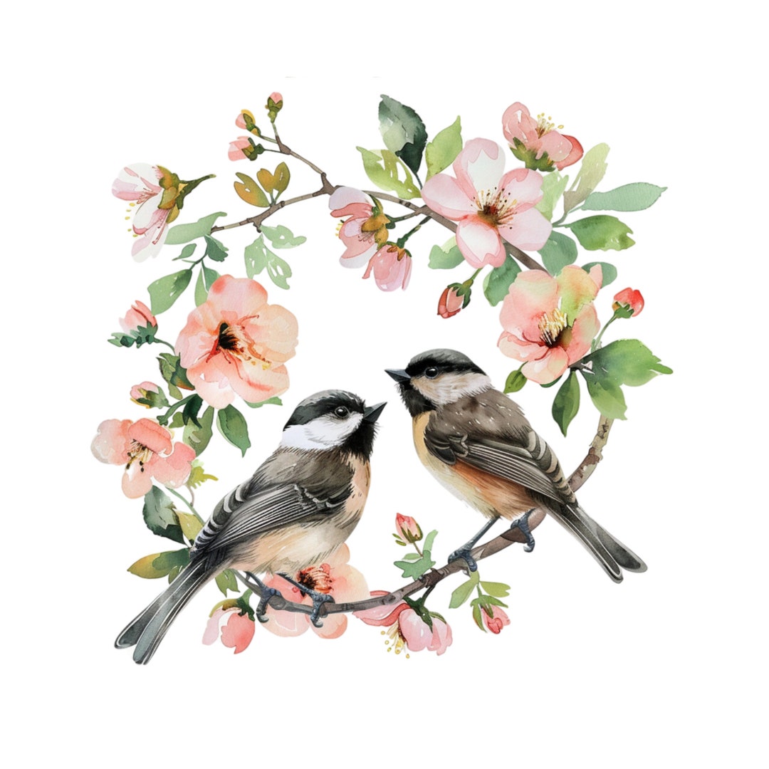 Chickadee With Flowers Watercolor Printable Wall Art, Spring Flowers ...