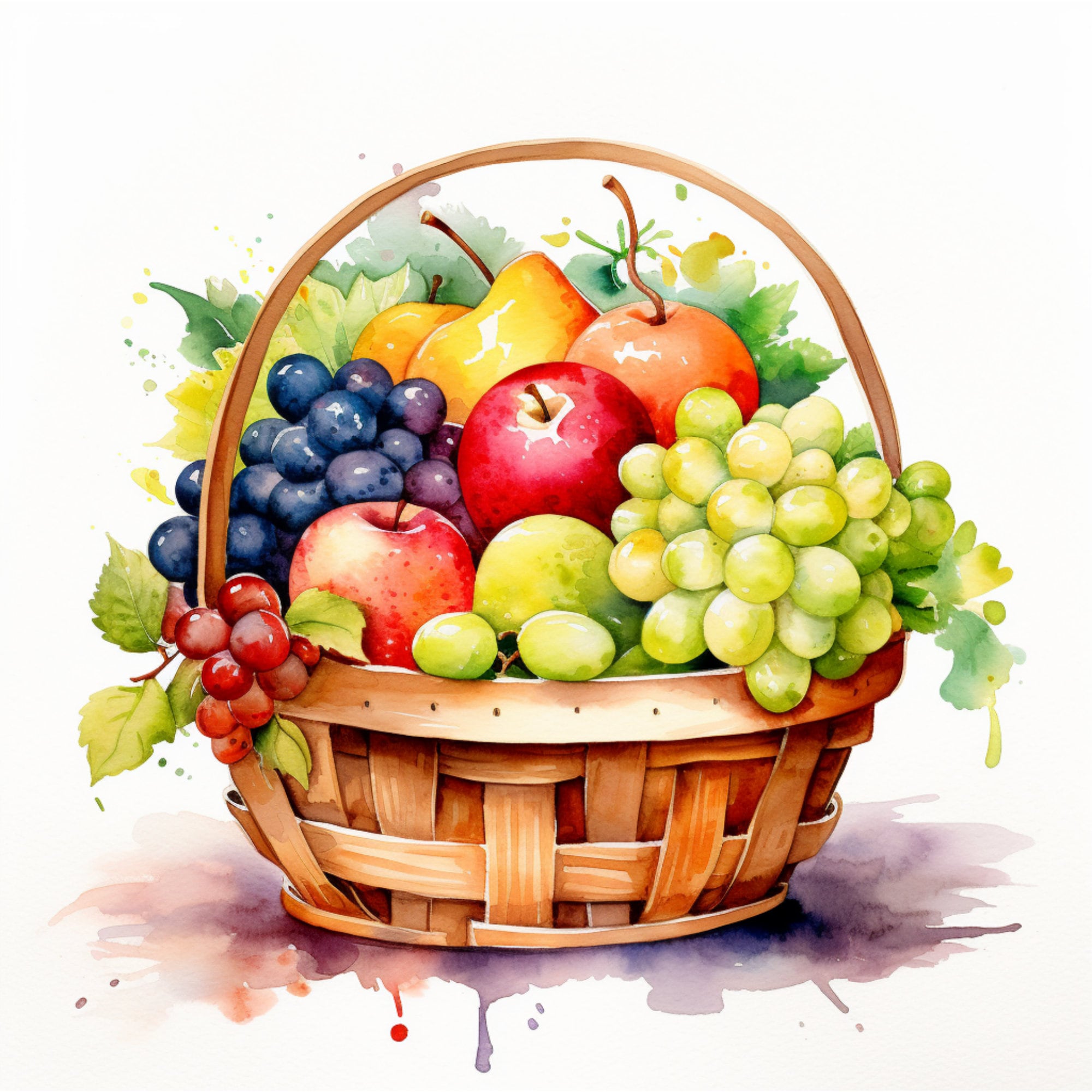 Fruits in Basket Watercolor Painting, Kitchen Wall Decor, Printable ...