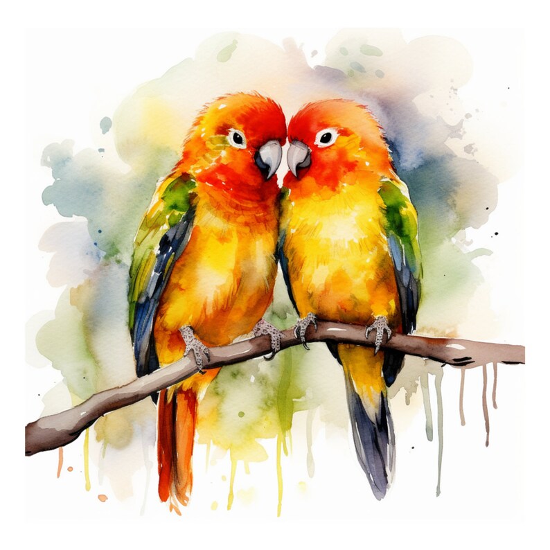 Love Birds Couple Watercolor Painting Printable Wall Art, Parrot ...
