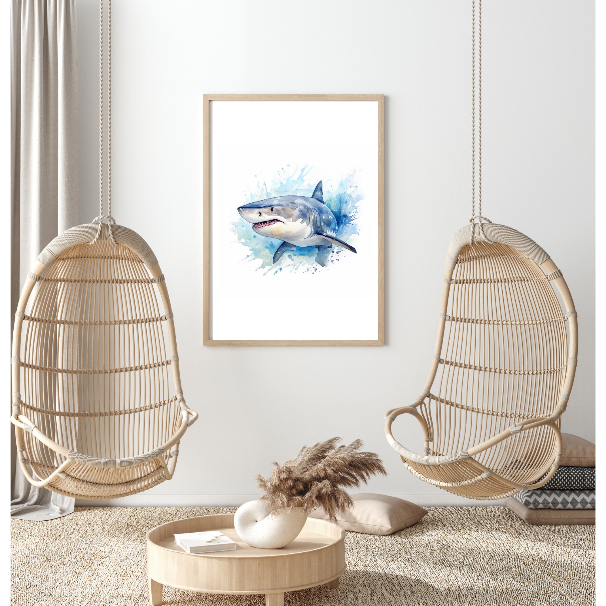 Shark Watercolor Painting, Shark Printable Wall Art, Shark Digital ...