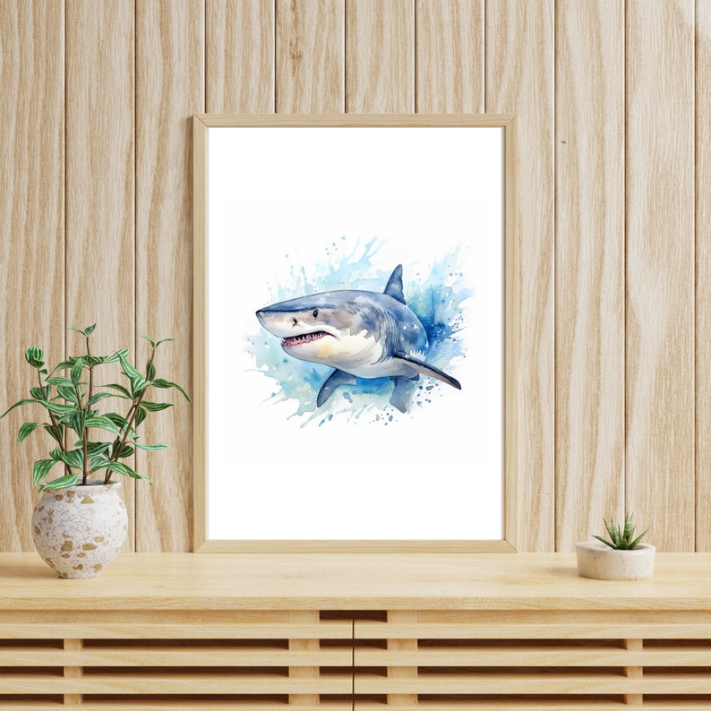 Shark Watercolor Painting, Shark Printable Wall Art, Shark Digital ...