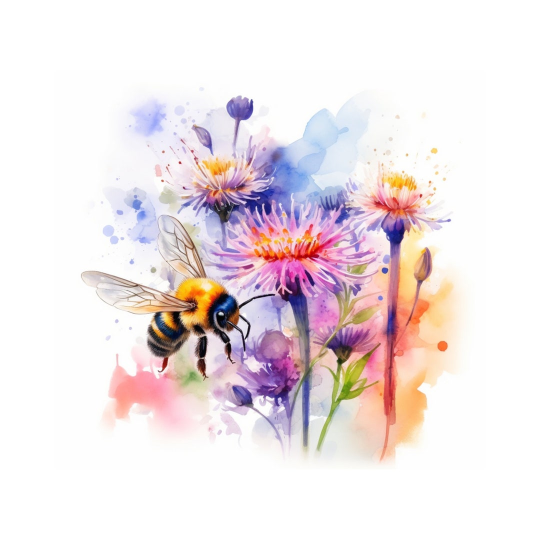 Honey Bee Watercolor Painting Printable Wall Art, Honey Bee Among Wild ...