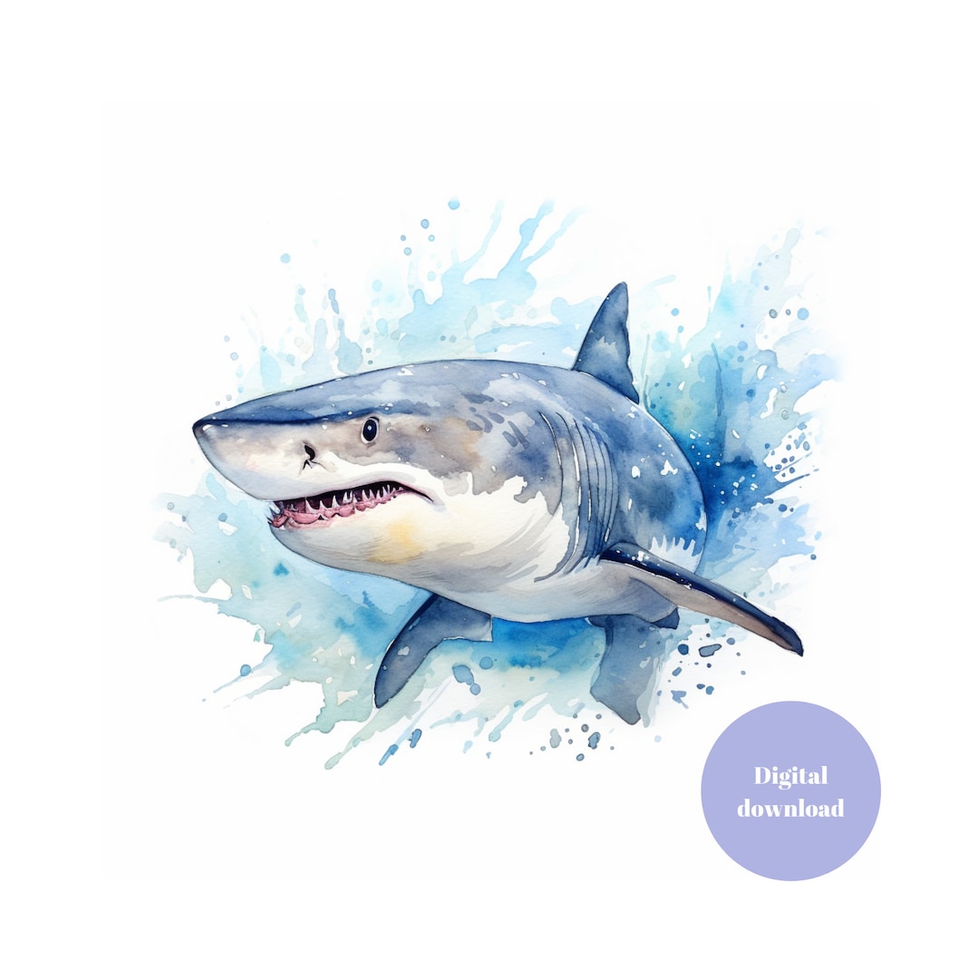 Shark Watercolor Painting, Shark Printable Wall Art, Shark Digital ...