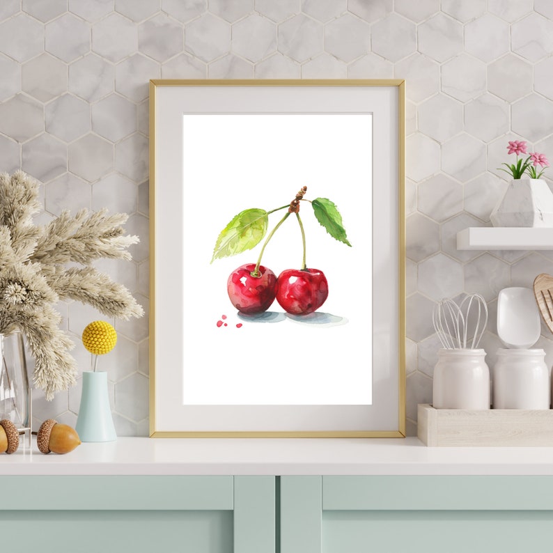 Cherries Watercolor Painting Printable Wall Art, Summer Fruits, Kitchen ...
