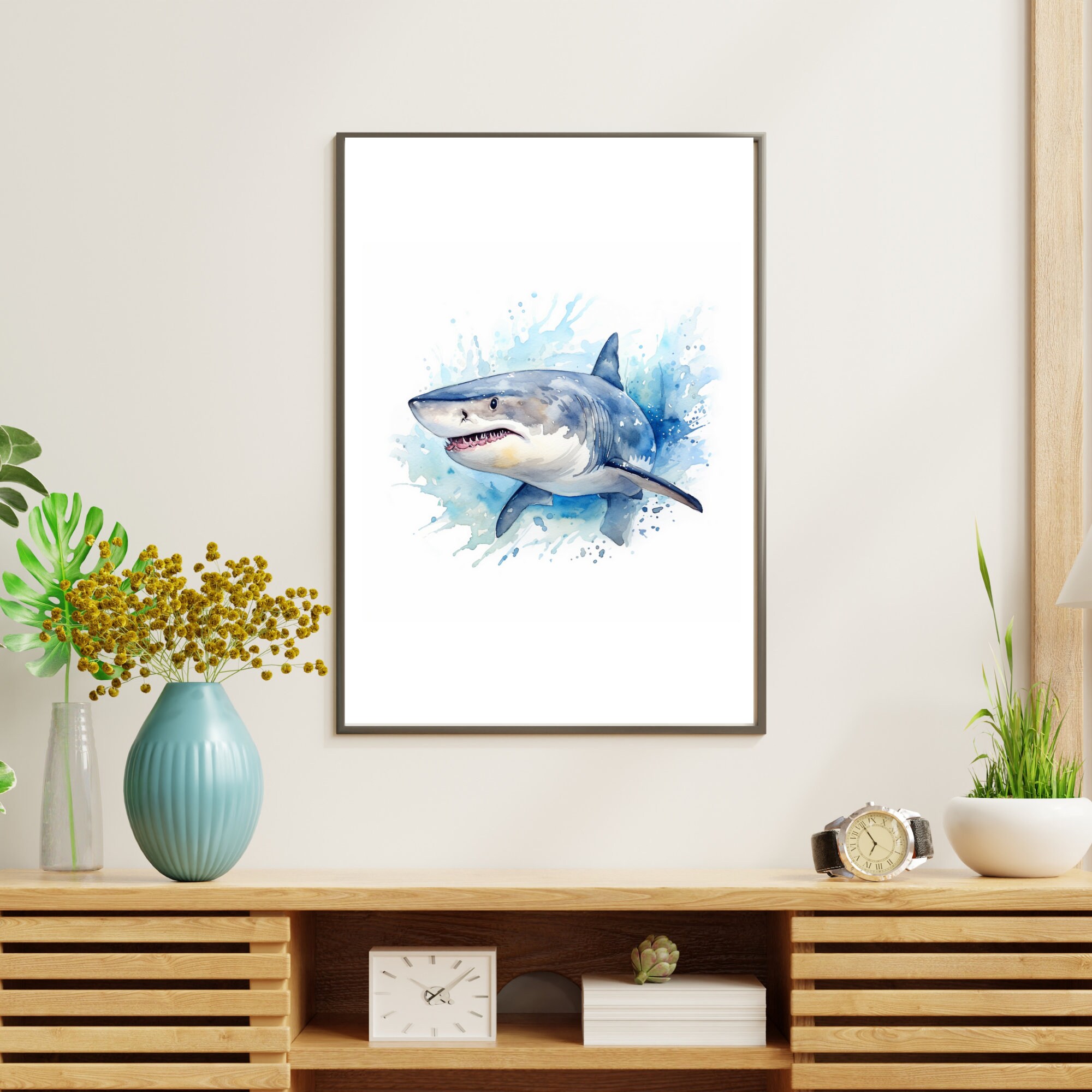 Shark Watercolor Painting, Shark Printable Wall Art, Shark Digital ...