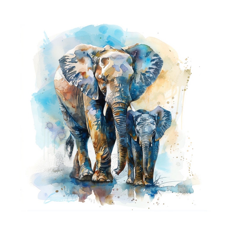 4 Set of Mother and Baby Elephant Watercolor Painting Printable Wall ...