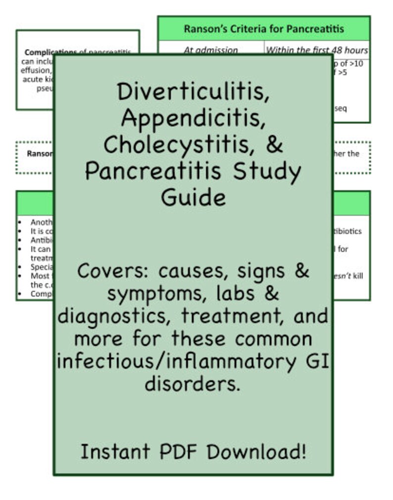 Diverticulitis, Appendicitis, Cholecystitis, & Pancreatitis Study Guide ...