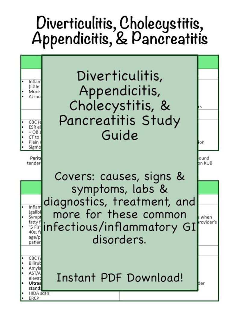 Diverticulitis, Appendicitis, Cholecystitis, & Pancreatitis Study Guide ...