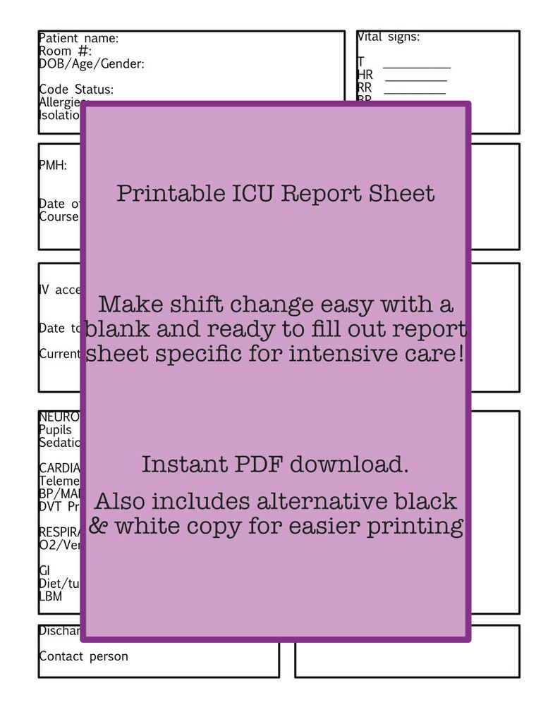 Printable ICU Nursing Report Sheet - Portrait Style - Etsy