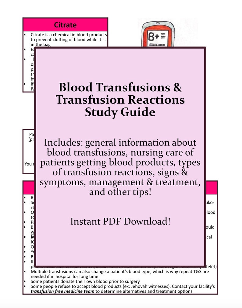 Blood Transfusions & Transfusion Reactions Study Guide - Etsy