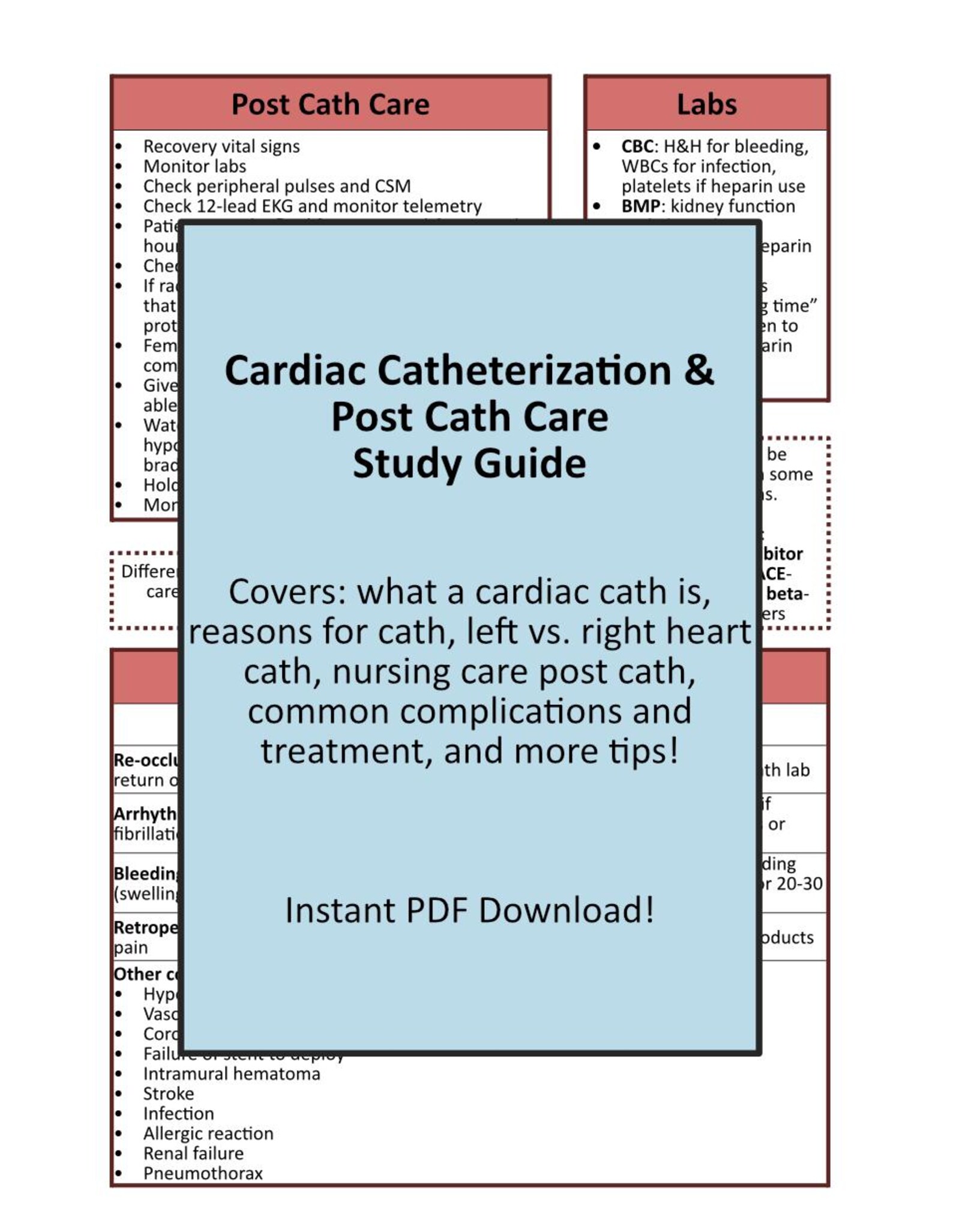 Cardiac Catheterization & Post Cath Care Study Guide - Etsy