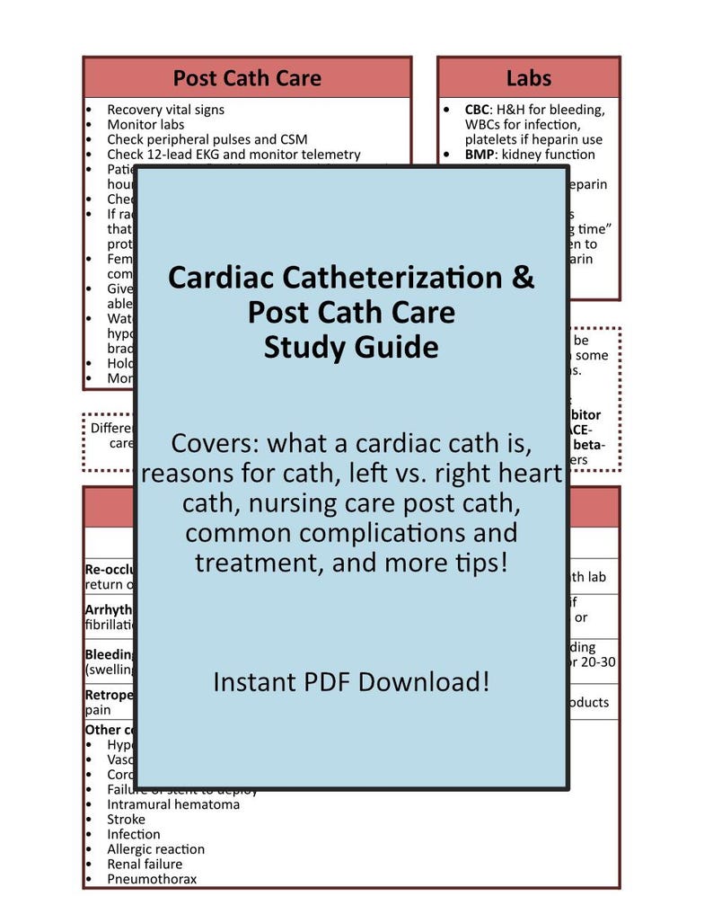 Cardiac Catheterization & Post Cath Care Study Guide - Etsy