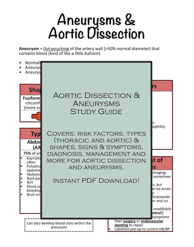 Aneurysms & Aortic Dissection Study Guide - Etsy