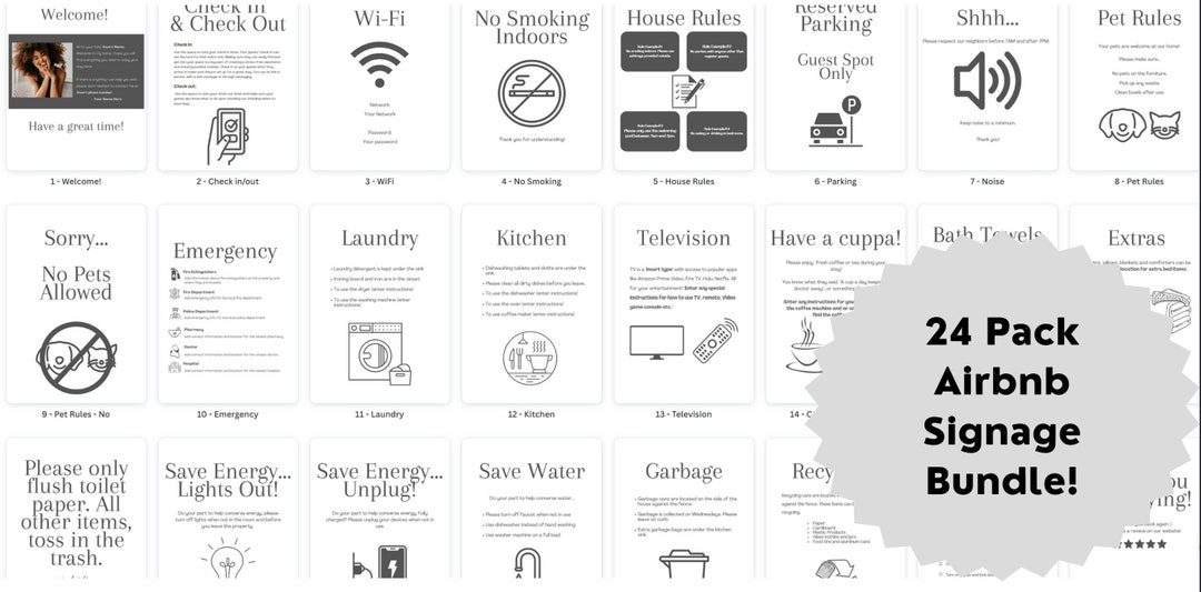 24 PK Bundle Airbnb/vrbo Signs, Airbnb Signage Template, Airbnb Welcome ...