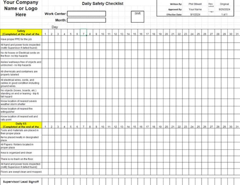 Daily Workstation Pre-work Safety Inspection Form - Etsy