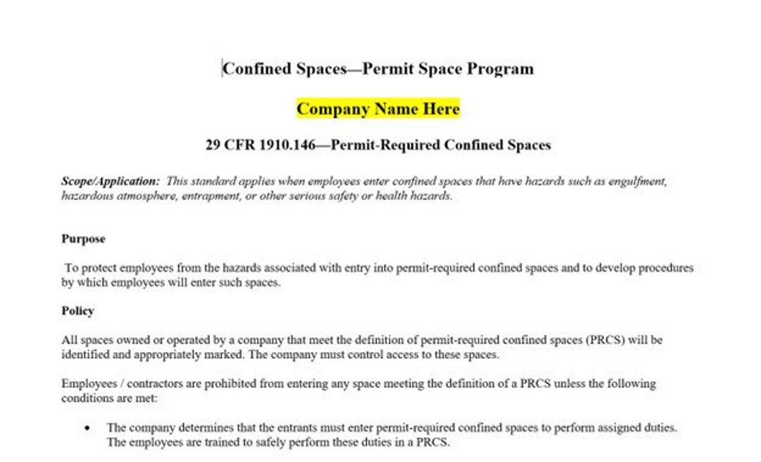 Permit Required Confined Spaces Policy - Etsy