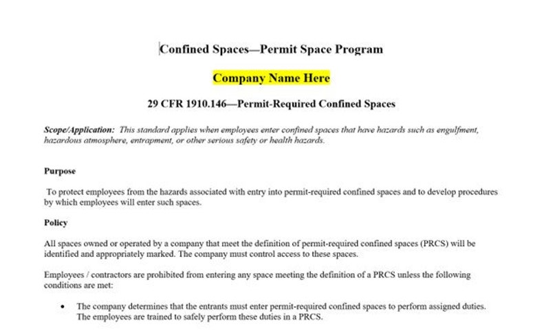 Permit Required Confined Spaces Policy - Etsy