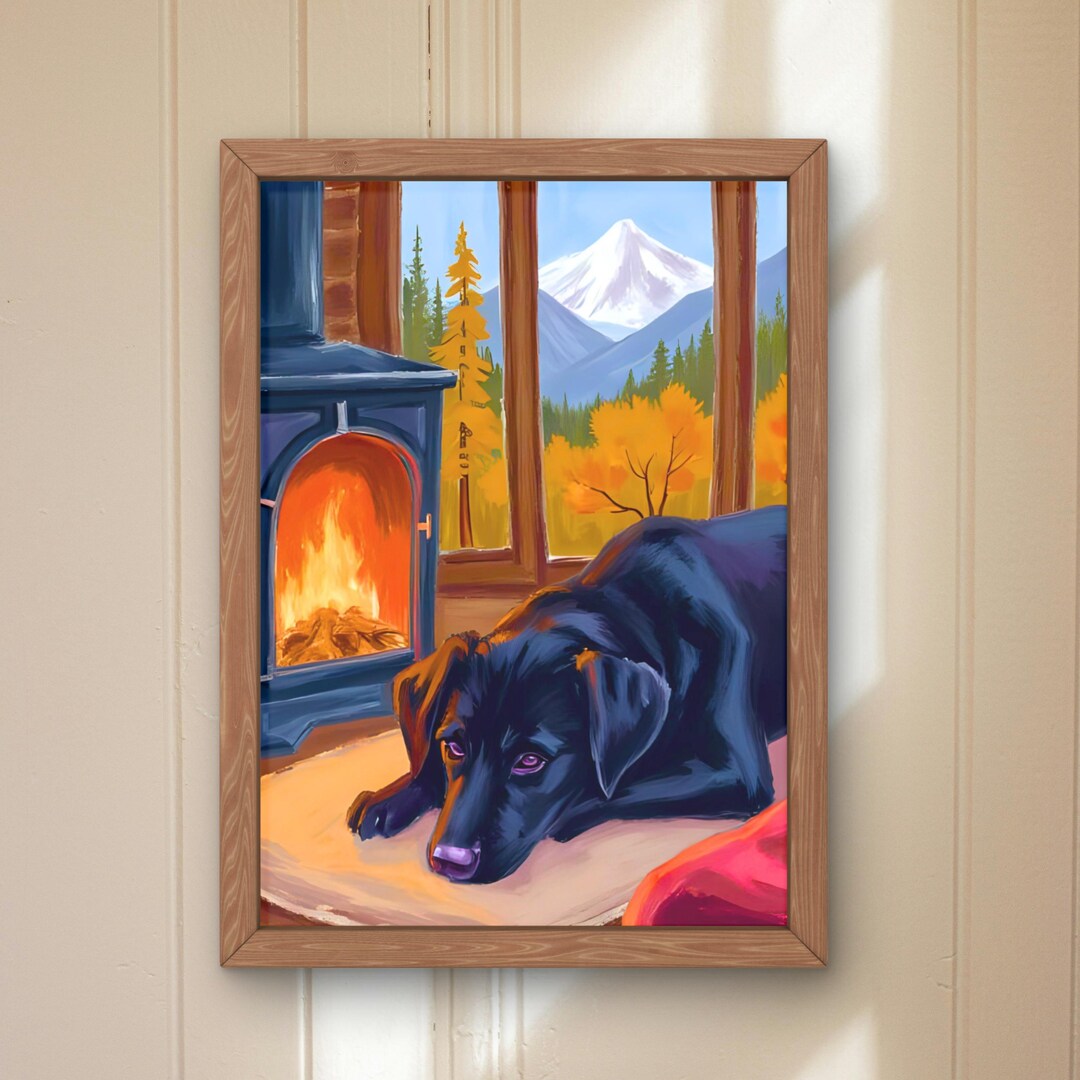 Black Lab Chills in a Cabin, Oil Painting, Wall Art, Wall Decor, Pet ...