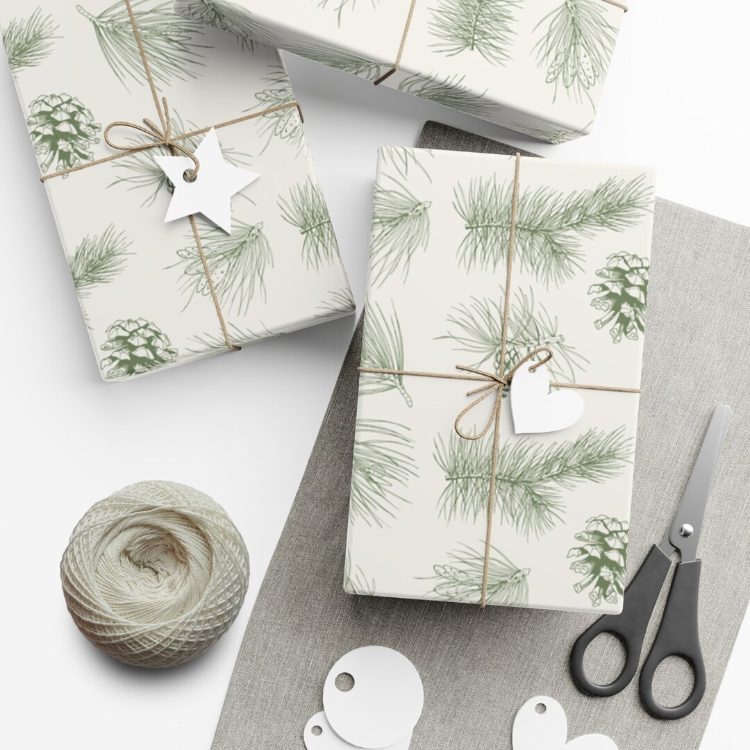 Sage Green Pine Tree Christmas Wrapping Paper Matte & Satin Finish ...