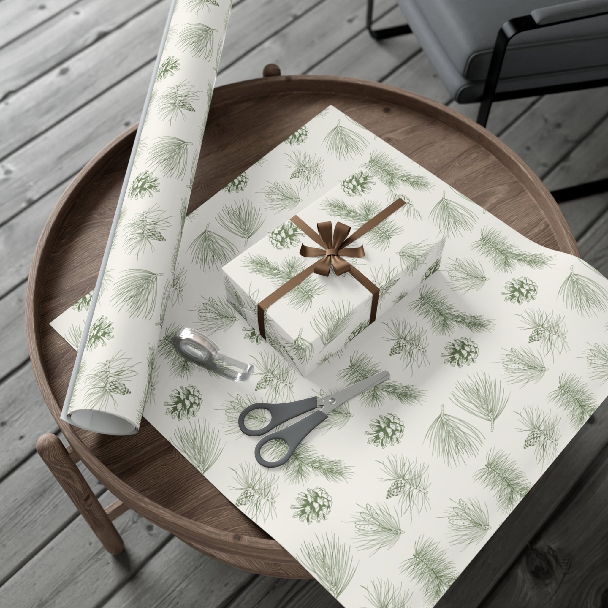 Sage Green Pine Tree Christmas Wrapping Paper Matte & Satin Finish ...