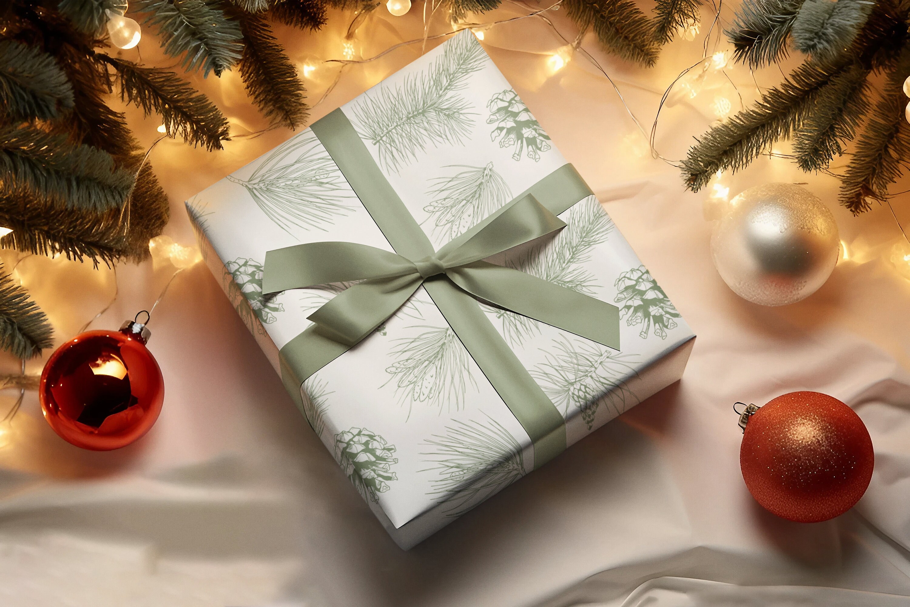 Sage Green Pine Tree Christmas Wrapping Paper, Christmas Wrapping Paper ...