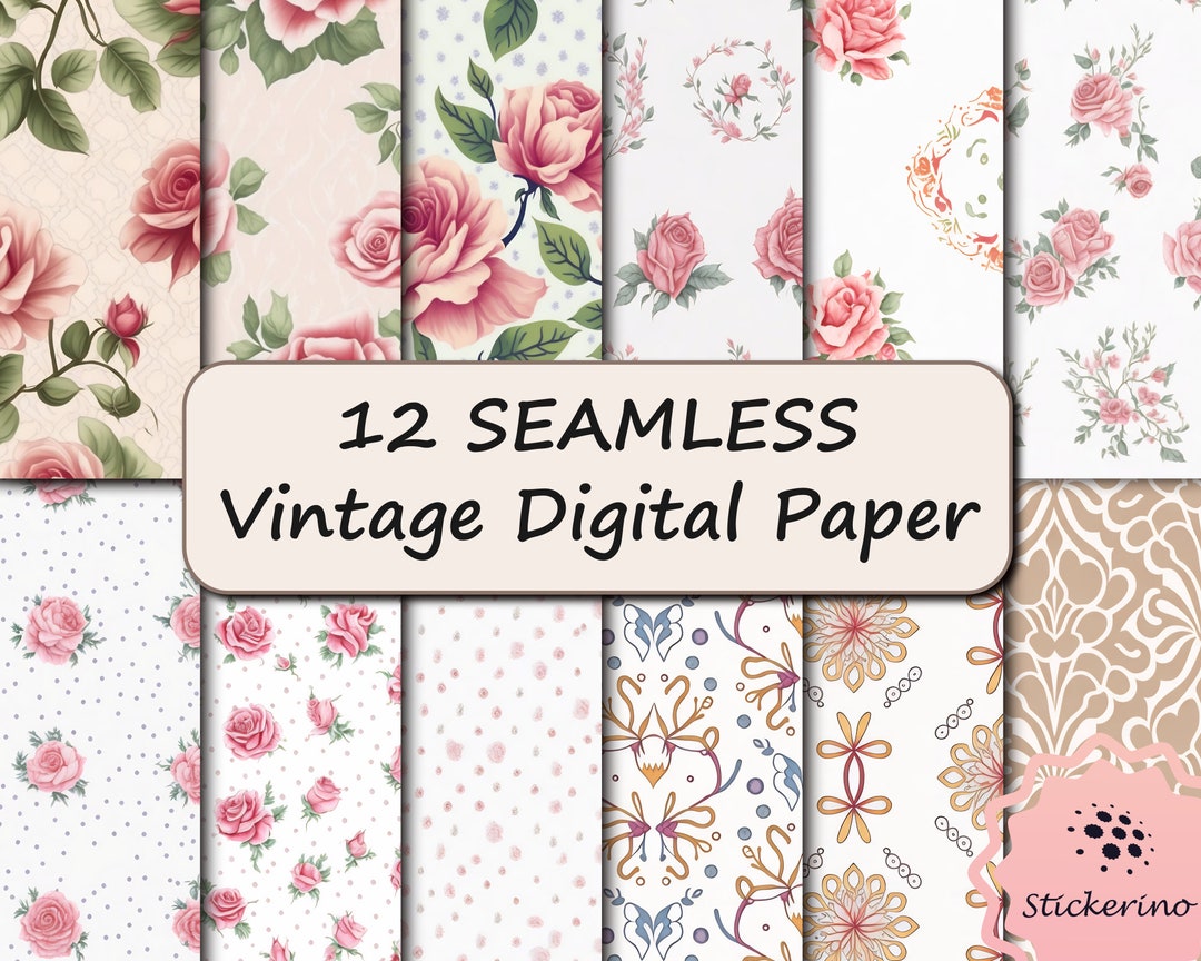 Vintage Rose Paper | 12 Seamless Digital Paper JPG Files | Instant ...