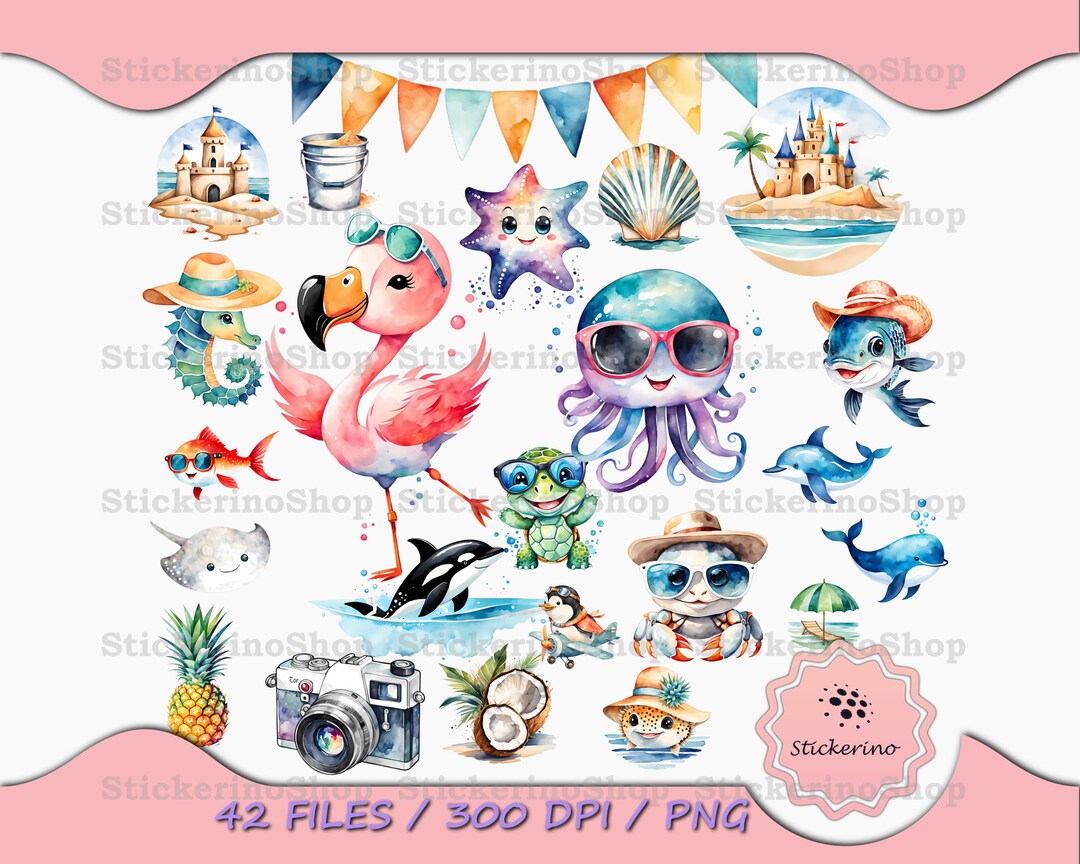 Watercolor Beach Animals Clipart Set, Cute Summer Animal With Hat PNG ...