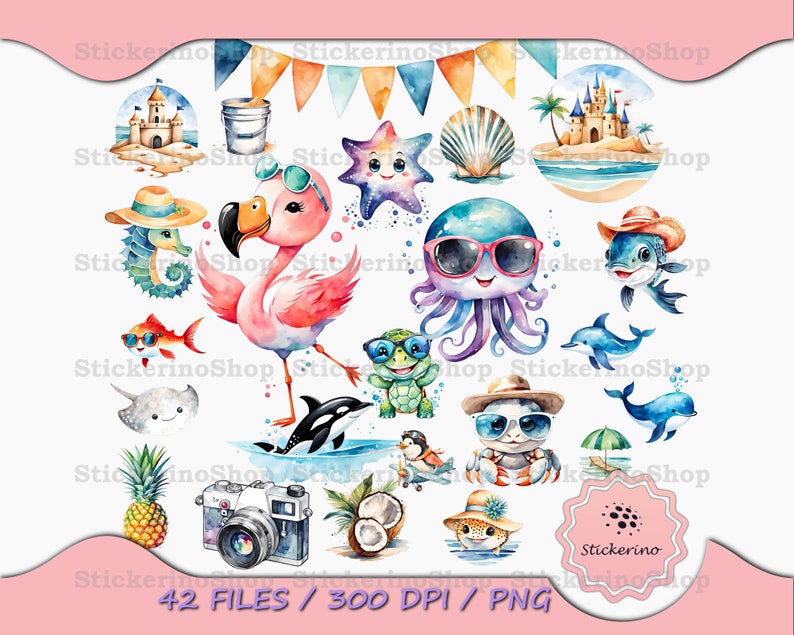 Watercolor Beach Animals Clipart Set, Cute Summer Animal With Hat PNG ...