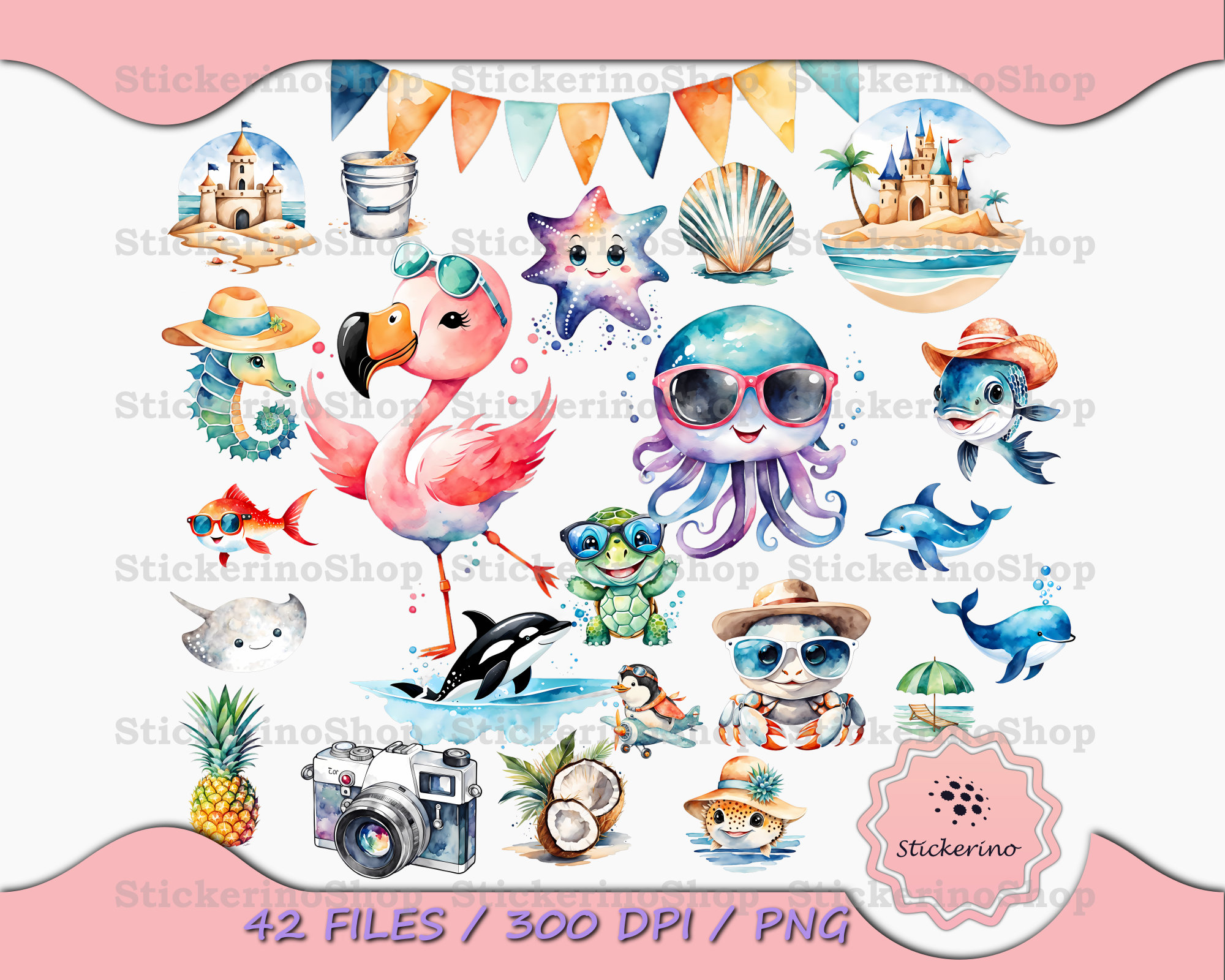 Watercolor Beach Animals Clipart Set, Cute Summer Animal With Hat PNG ...