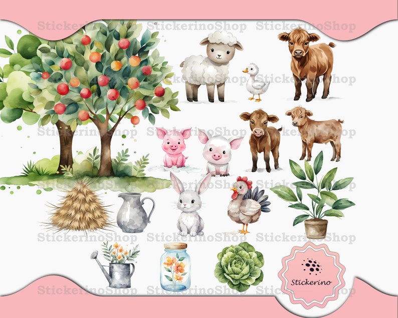 Watercolor Farm Clipart Bundle, Farm Life Png, Baby Animals, Country ...