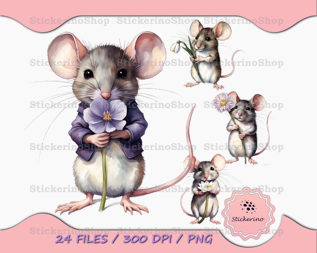 24 Watercolor Mouse Holding Birth Month Flower, Mice Illustration ...