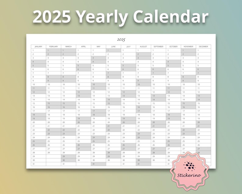 2025 Landscape Yearly Calendar PDF, Minimalist Year at A Glance Planner ...