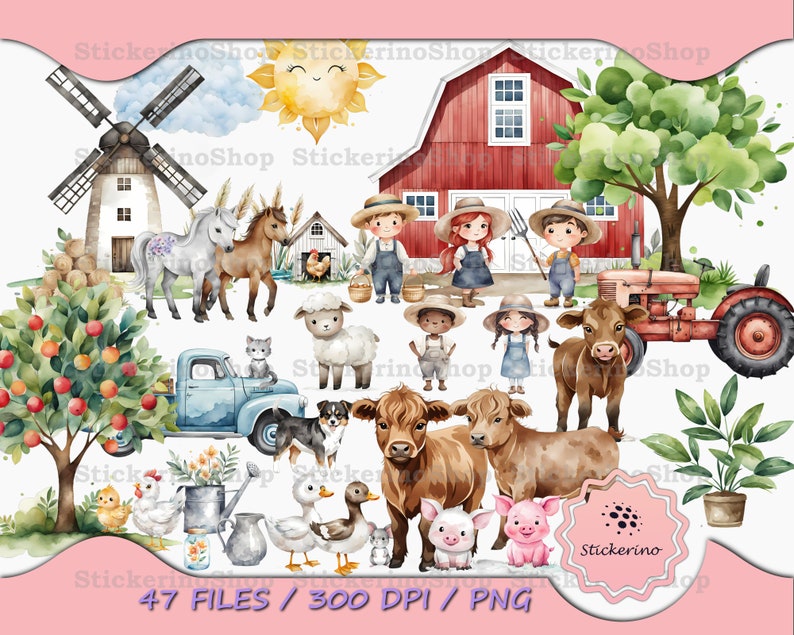 Watercolor Farm Clipart Bundle, Farm Life Png, Baby Animals, Country ...