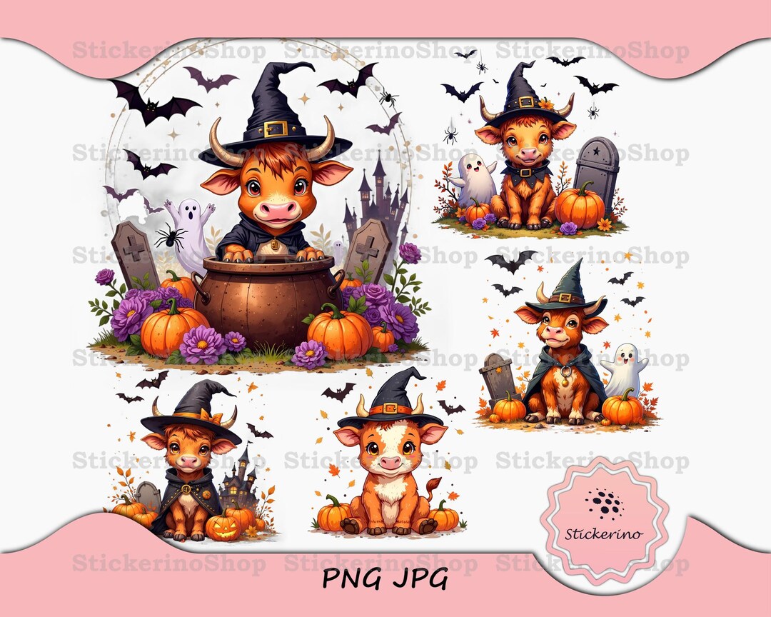 Highland Cow Witch Png Bundle, Set of 5 Halloween Jpg Images, Highland ...