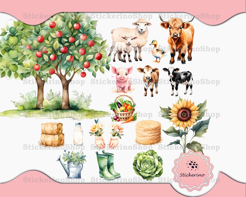 Watercolor Farm Animal Clipart Set, Farm Life Illustration, Young ...