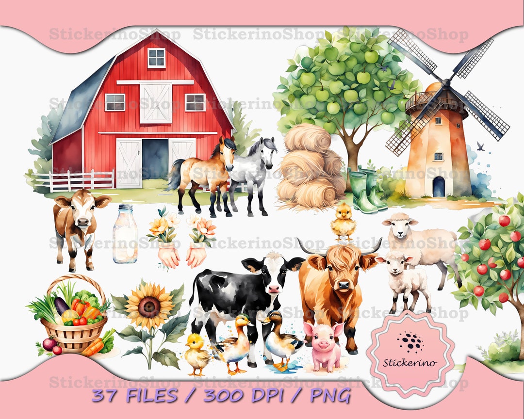 Watercolor Farm Animal Clipart Set, Farm Life Illustration, Young ...