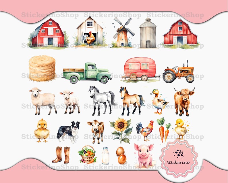 Watercolor Farm Animal Clipart Set, Farm Life Illustration, Young ...