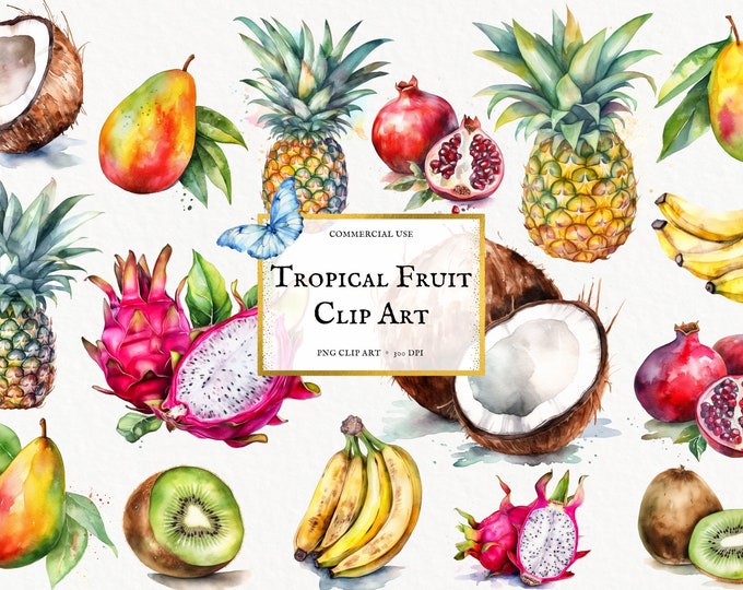 Watercolor Tropical Fruit Summer Clipart, Bundle of 20, Commercial Use ...