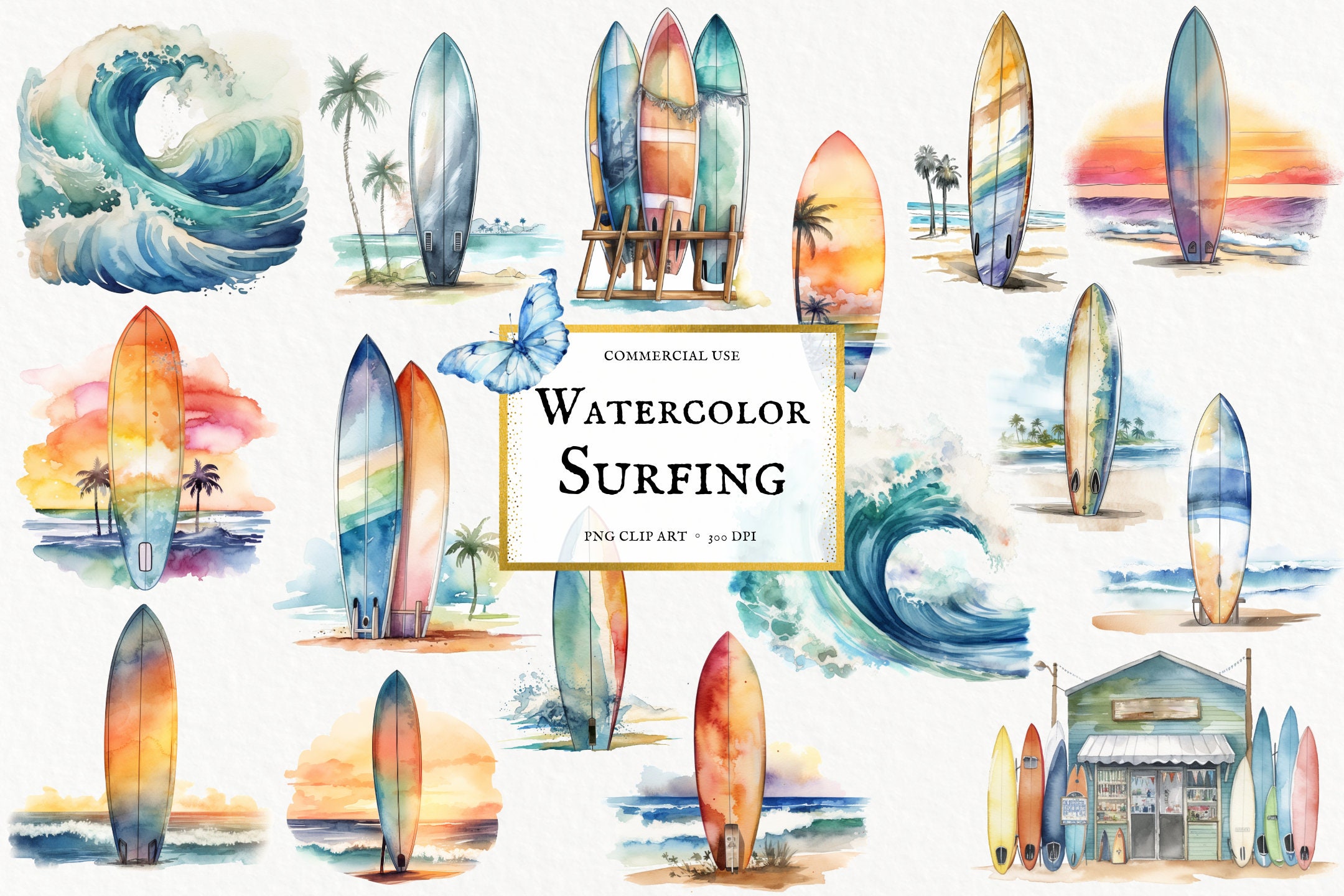 Watercolor Surfing Summer Clipart Bundle of 20 Commercial - Etsy
