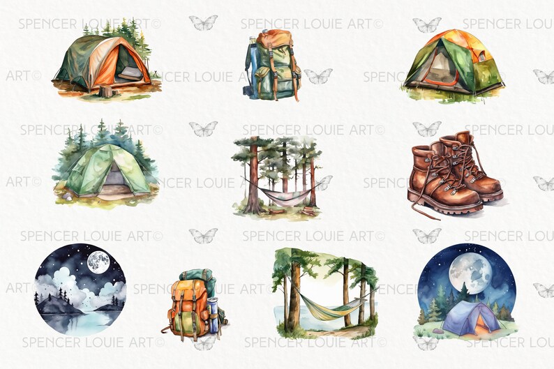 Watercolor Camping Summer Clipart Bundle of 20 Commercial - Etsy