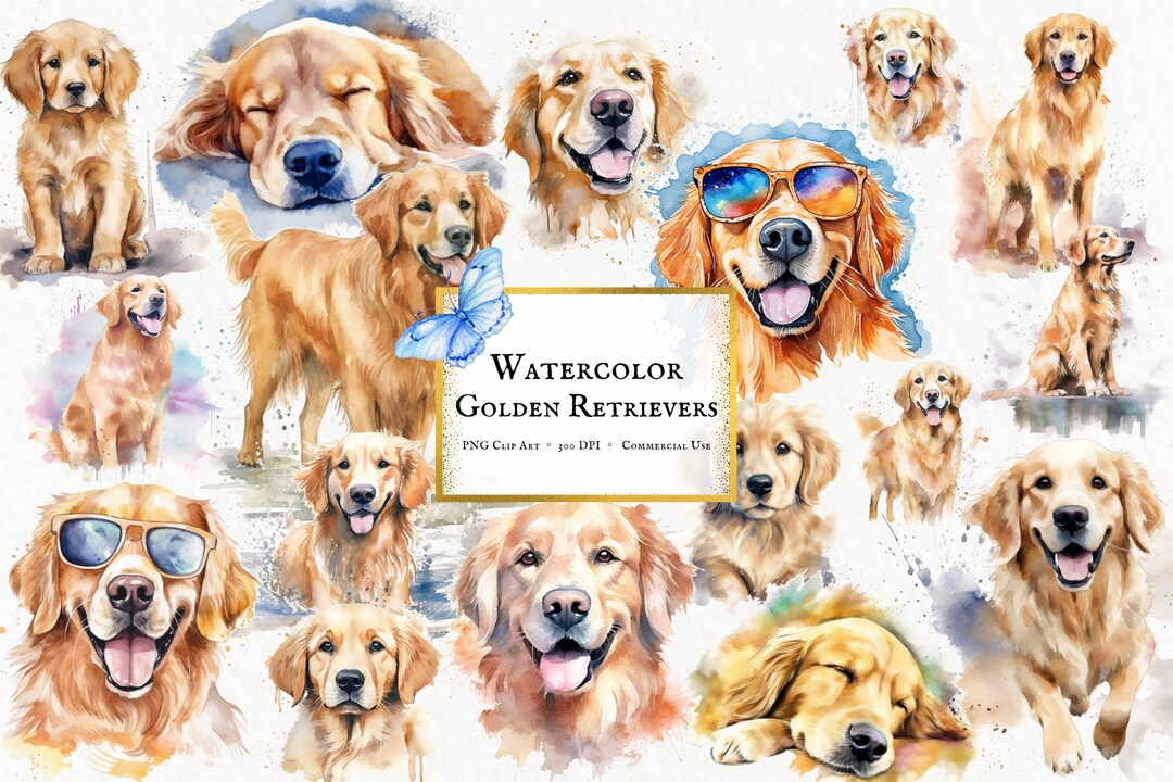Watercolor Golden Retriever, Bundle of 20, Commercial Use, Watercolor ...