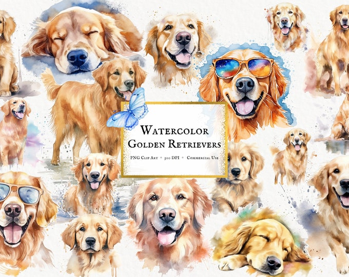 Watercolor Golden Retriever, Bundle of 20, Commercial Use, Watercolor ...