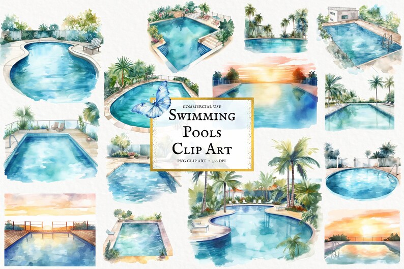 Watercolor Swimming Pools Summer Clipart Bundle of 20 - Etsy