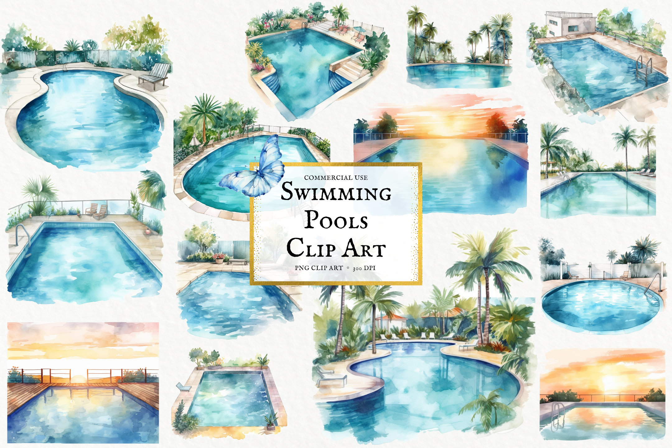 Watercolor Swimming Pools Summer Clipart Bundle of 20 - Etsy